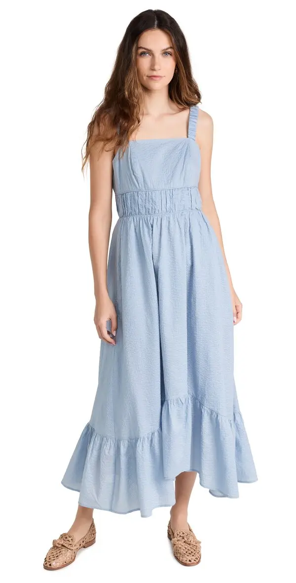 Ayr Shirred Seersucker Midi Dress In Cloud Watching - 75% Off | Editorialist