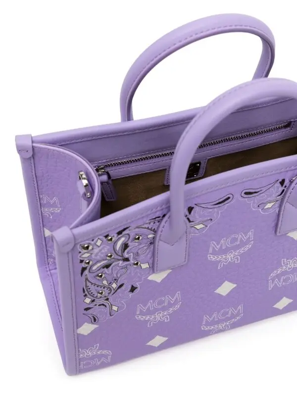 MCM 紫色 ロゴプリント トートバッグ内側豹柄 MCM 紫色 ロゴプリント