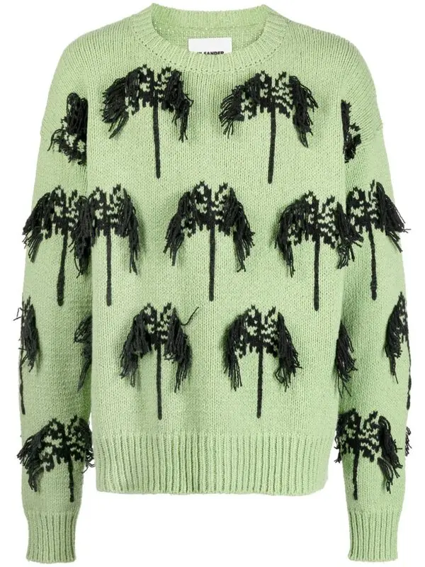 JIL SANDER Intarsia Fringed Cotton-blend Jumper - Green