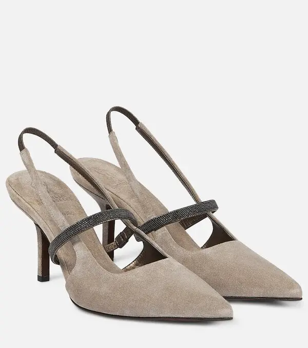 Brunello Cucinelli Monili Suede Slingback Pumps - Brown