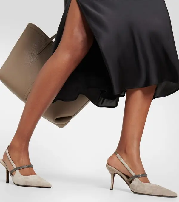 Brunello Cucinelli Monili Suede Slingback Pumps - Brown