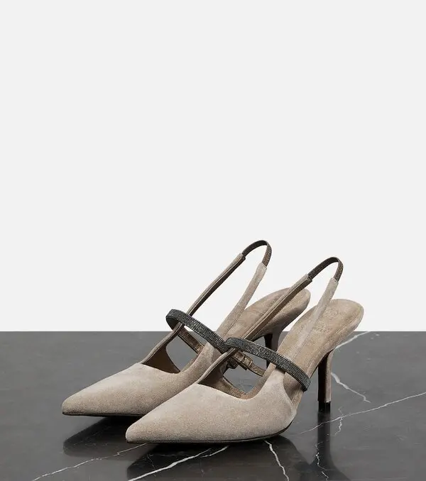 Brunello Cucinelli Monili Suede Slingback Pumps - Brown