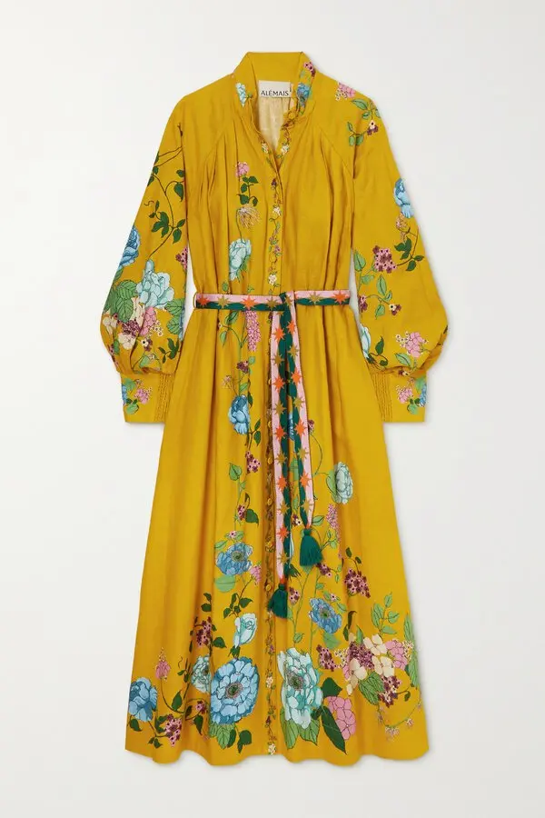 ALEMAIS Belted Pleated Floral-print Linen Midi Dress