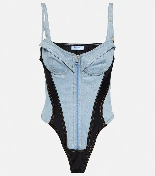 MUGLER Paneled Denim Bodysuit