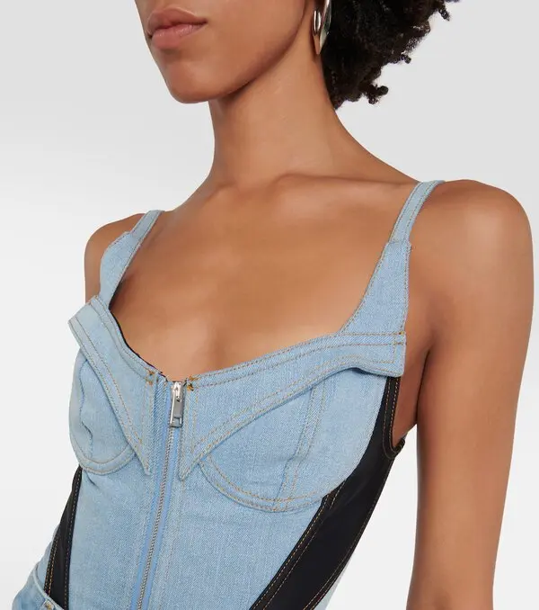MUGLER Paneled Denim Bodysuit