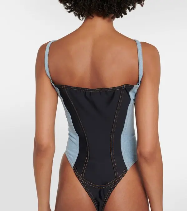 MUGLER Paneled Denim Bodysuit