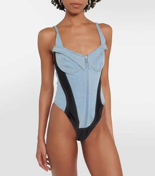 MUGLER Paneled Denim Bodysuit