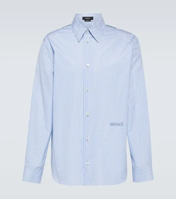 Versace Embroidered Pinstriped Cotton Shirt - Blue