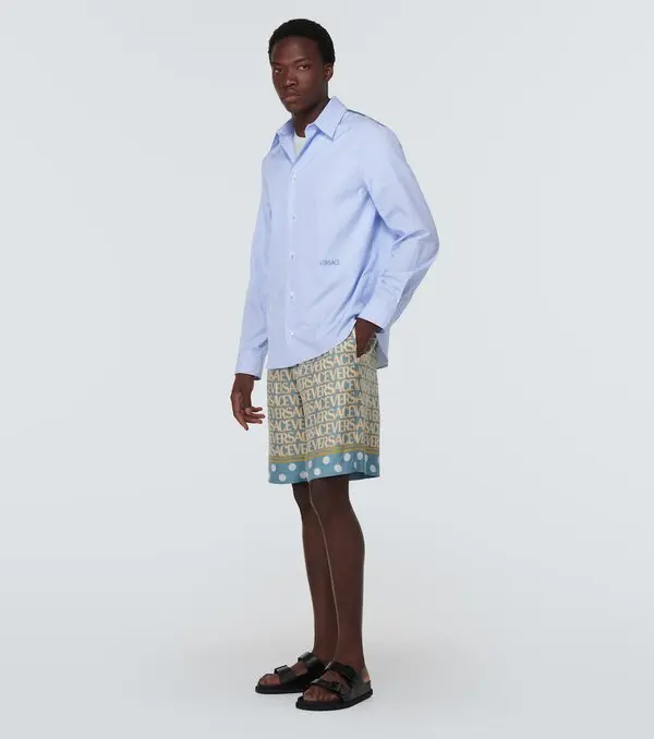 Versace Embroidered Pinstriped Cotton Shirt - Blue