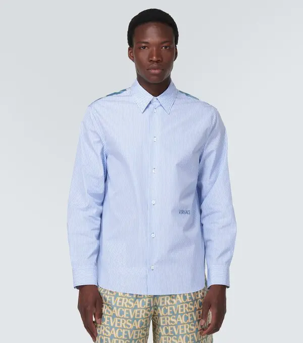 Versace Embroidered Pinstriped Cotton Shirt - Blue