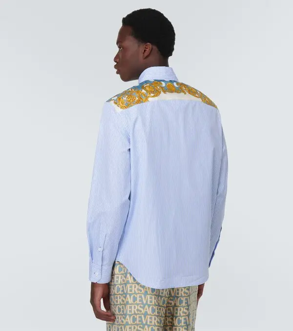 Versace Embroidered Pinstriped Cotton Shirt - Blue
