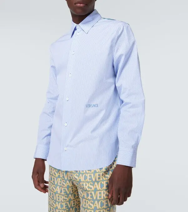 Versace Embroidered Pinstriped Cotton Shirt - Blue