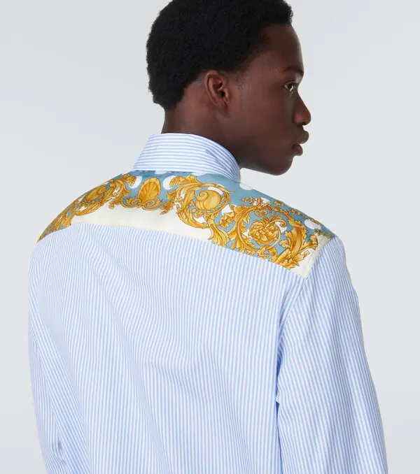 Versace Embroidered Pinstriped Cotton Shirt - Blue