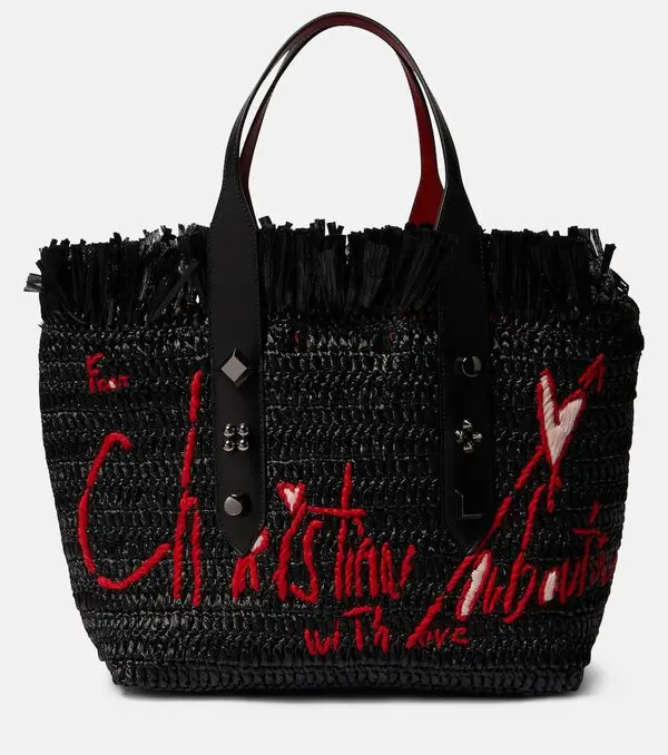 CHRISTIAN LOUBOUTIN Frangibus Medium Embroidered Raffia Tote Bag - Black