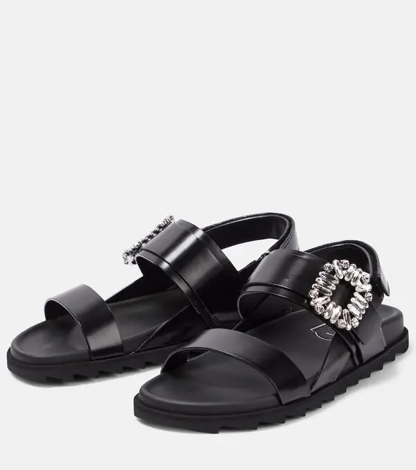ROGER VIVIER Slidy Viv' Embellished Leather Sandals - Black