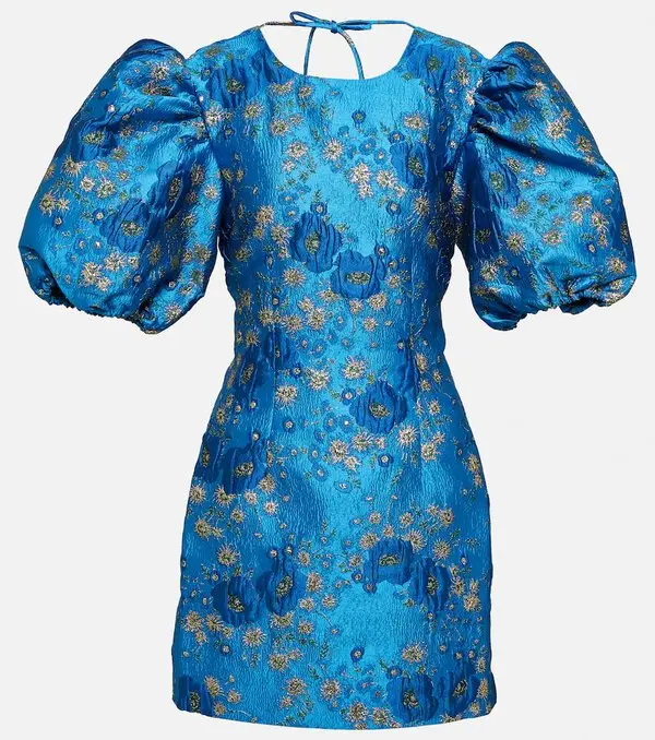 knee length dresses for ladies Rent The Blue Jacquard Open Back Mini Dress By Ganni