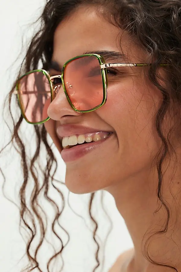 Free People Beau Square Sunglasses - Lime With Peach Lens