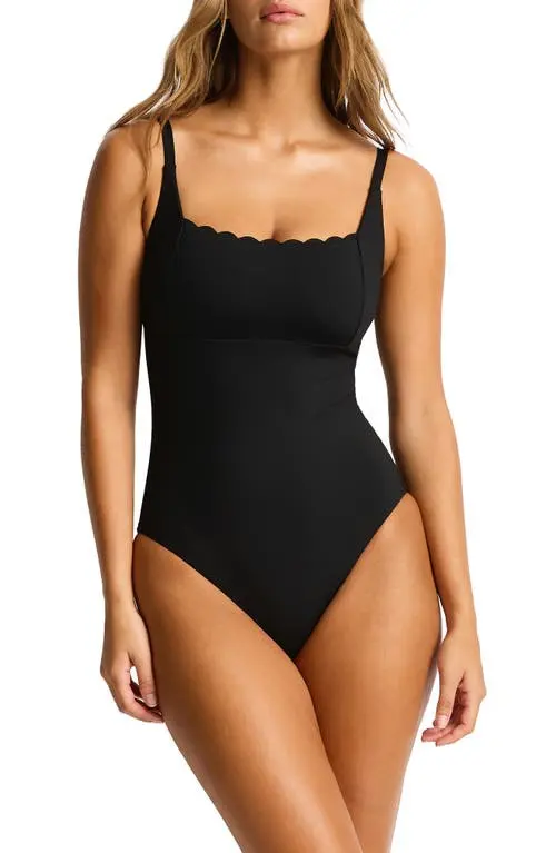 SEA LEVEL Scalloped Square Neck One-piece Swimsuit - Black
