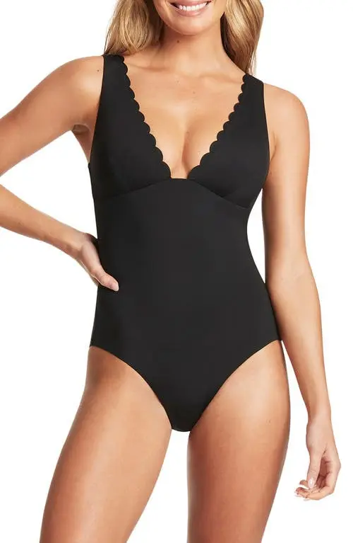 SEA LEVEL Scalloped Plunge One-piece Swimsuit - Black