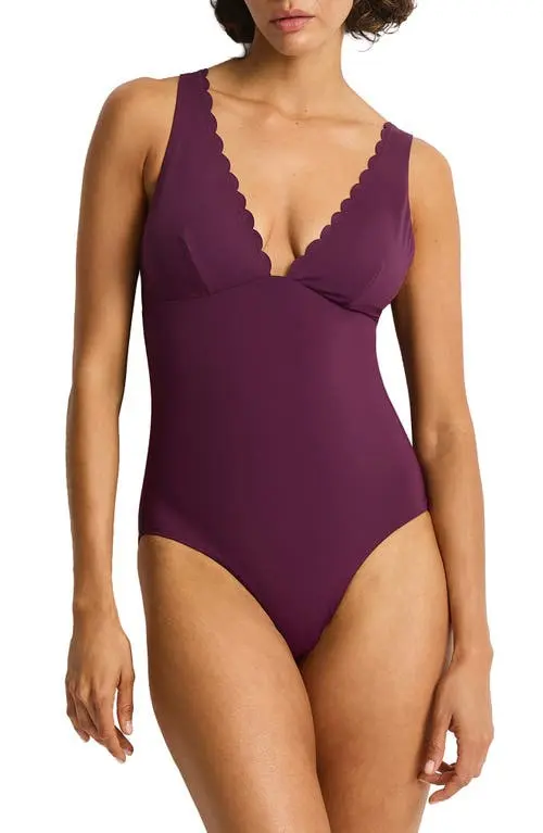 SEA LEVEL Scalloped Plunge One-piece Swimsuit - Claret