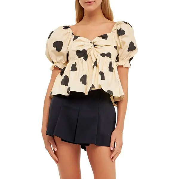 English Factory Heart Print Puff Sleeve Blouse