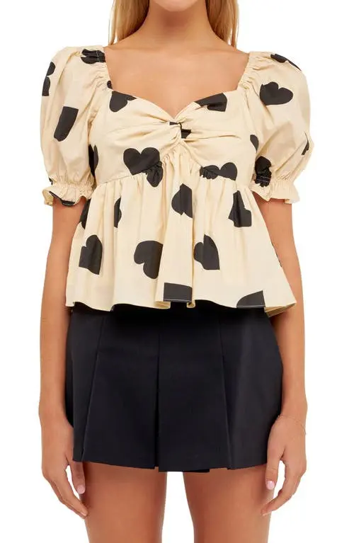 English Factory Heart Print Puff Sleeve Blouse