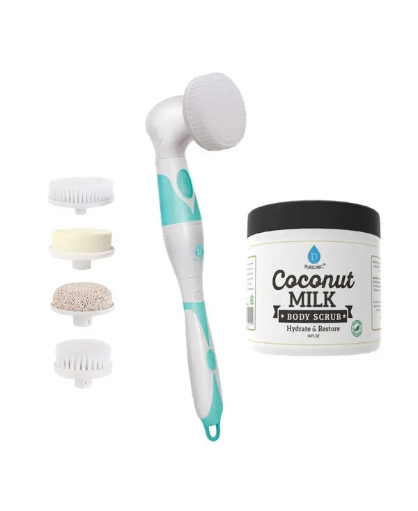 PURSONIC Advanced Facial & Body Cleansing Brush With Extended Handle & Coconut Milk Body Scrub 14oz - Multi Color