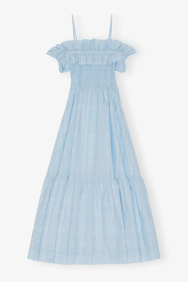 GANNI Seersucker Check Smock Maxi Dress - Blue