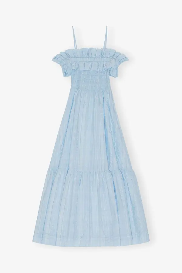 GANNI Seersucker Check Smock Maxi Dress - Blue