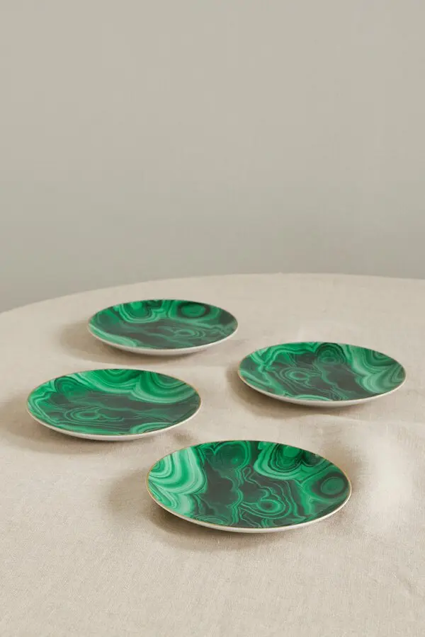 L'Objet Malachite Set Of Four Porcelain Canapé Plates - Green