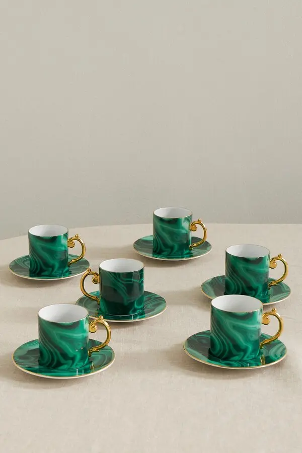 L'Objet Malachite Set Of Six Porcelain Espresso Cups And Saucers - Green