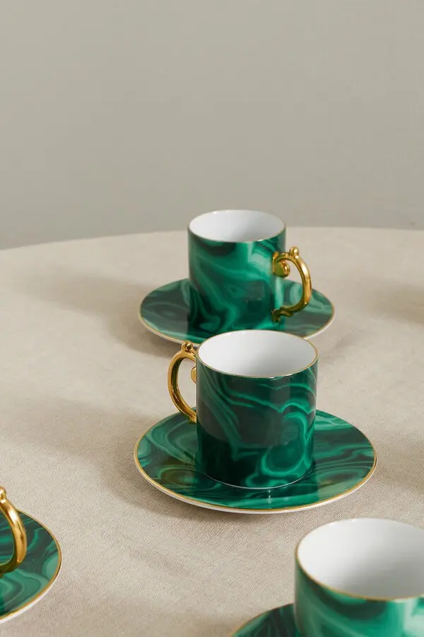 L'Objet Malachite Set Of Six Porcelain Espresso Cups And Saucers - Green