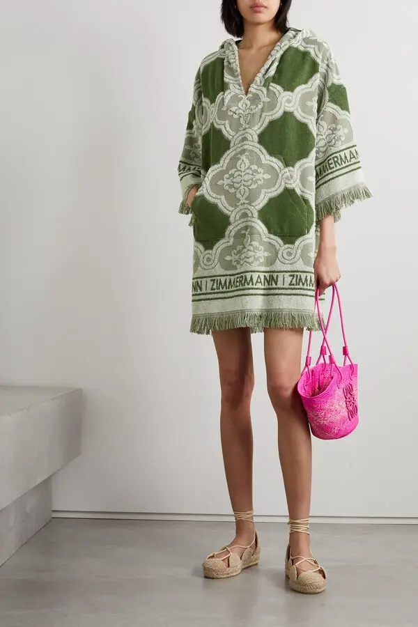 Zimmermann Hooded Fringed Cotton-terry Jacquard Coverup