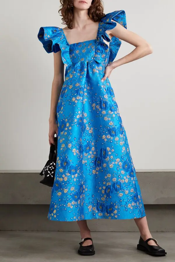 ganni blue silk dress Ganni BLUE FLORAL CRINKLED SATIN LONG DRESS