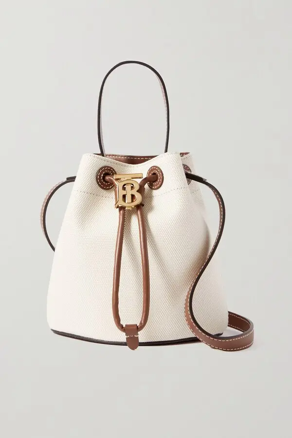 Burberry Mini Embellished Leather-trimmed Cotton-canvas Bucket Bag