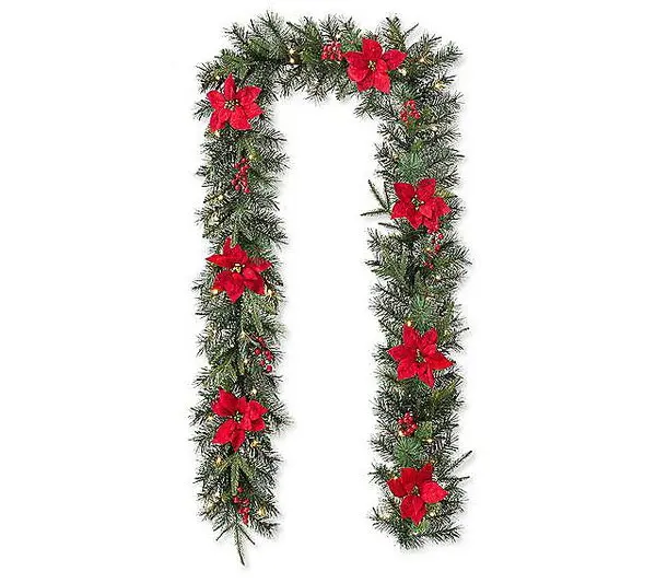 GLITZHOME 9' Pre-lit Poinsettia, Red Berries Christmas Garland - One-color