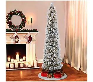 PULEO INTERNATIONAL 6.5 Ft Pre-lit Flocked Pine Pencil Tree