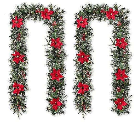 GLITZHOME 9' Pre-lit Poinsettia Christmas Garlands S/2 - One-color