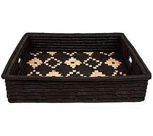 KAZI Hand-crafted Square Woven Raffia Tray With Handles - One-color