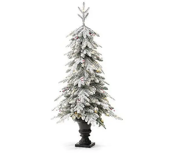 GLITZHOME 5ft Pre-lit Flocked Artificial Christ As Porch Tree - One-color