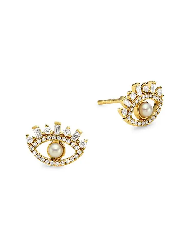 Saks Fifth Avenue Collection 14k Yellow Cultured Freshwater Pearl & 0.31 Tcw Diamond Evil Eye Stud Earrings - Gold