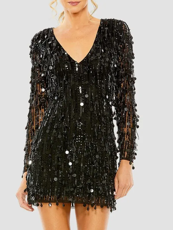 Mac Duggal Long-sleeve Beaded Fringe Minidress - Black