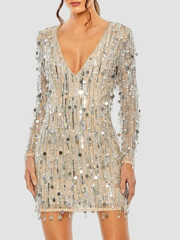Mac Duggal Long-sleeve Beaded Fringe Minidress - Silver