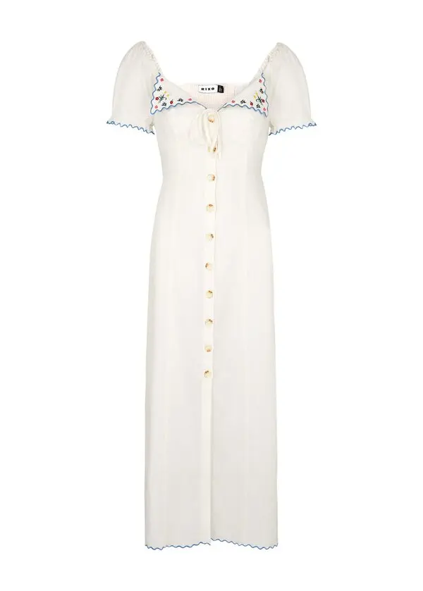 sachin and babi light blue dress Rixo Briella Floral-Embroidered Linen-Blend Dress In Cream - 50% Off