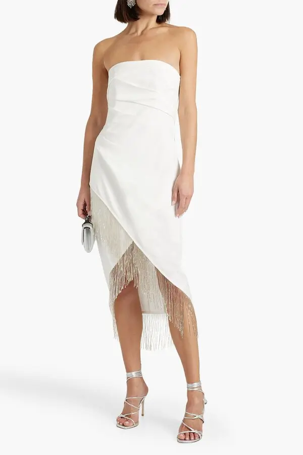 Marchesa Strapless Fringed Crepe Dress In Ivory - 80% Off | Editorialist