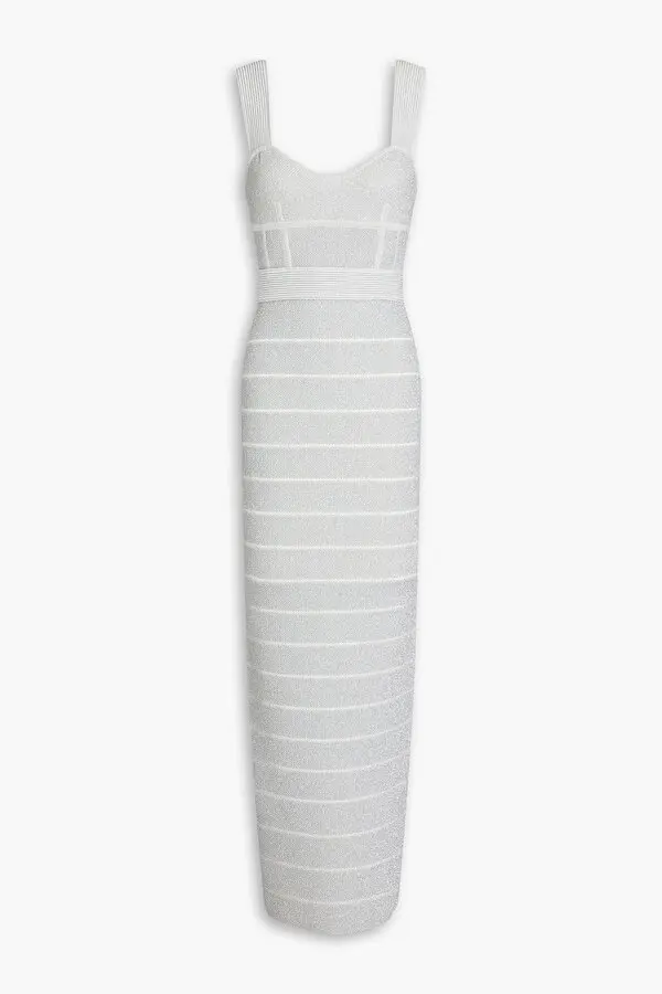 Herve Leger Metallic Bandage Maxi Dress In Silver - 90% Off | Editorialist