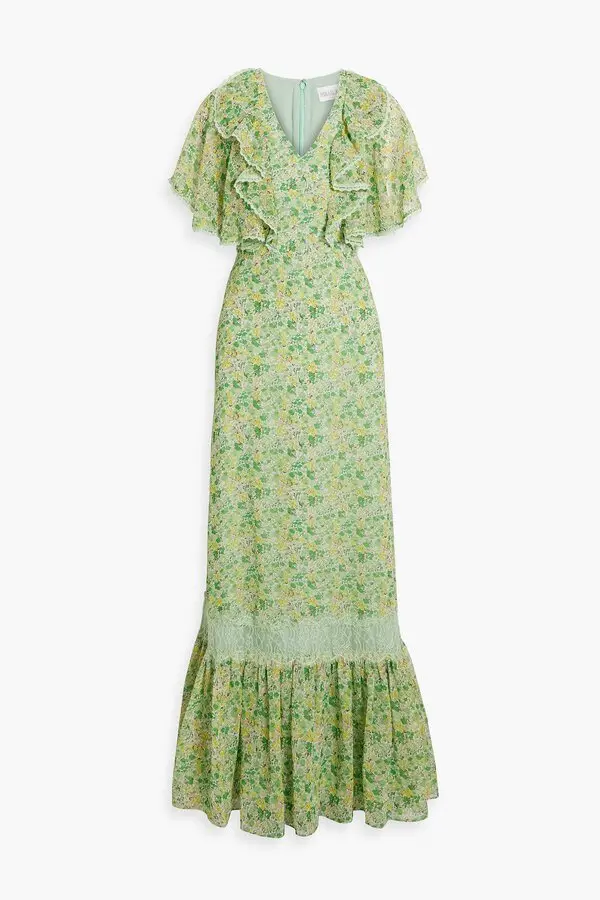 Mikael Aghal Lace-Trimmed Floral-Print Chiffon Maxi Dress - Light Green -  70% Off | Editorialist