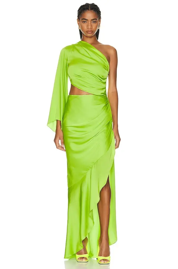 open lace back dress Sashed One-Shoulder Long Neon Prom Dress