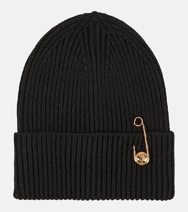 Versace Safety Pin Ribbed-Knit Wool Beanie In Black 30% Off