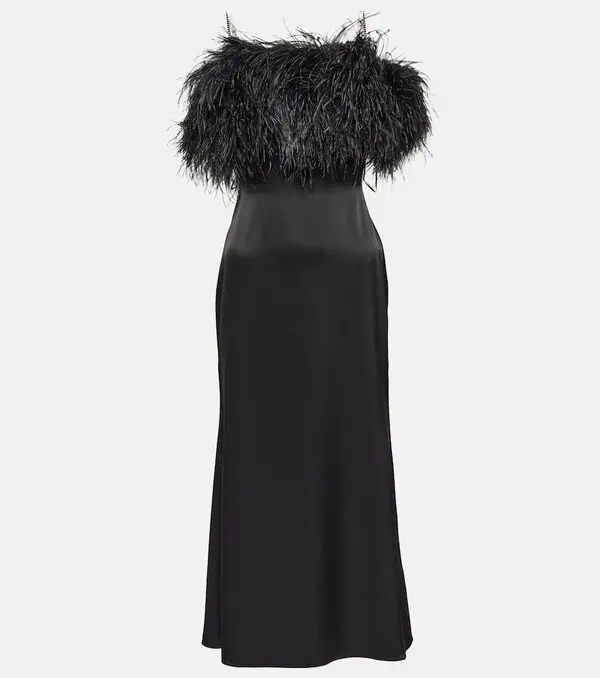 David Koma Feather-trimmed Satin Midi Dress